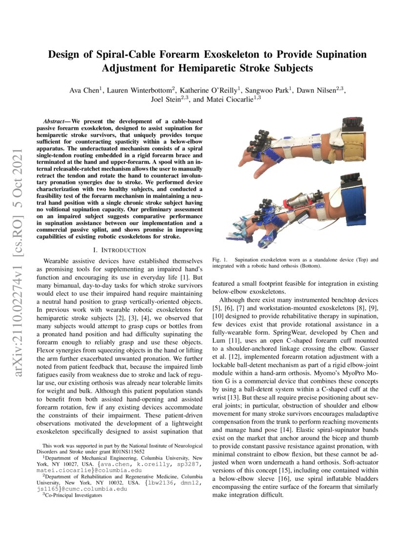 Design of Spiral-Cable Forearm Exoskeleton to Provide Supination ...