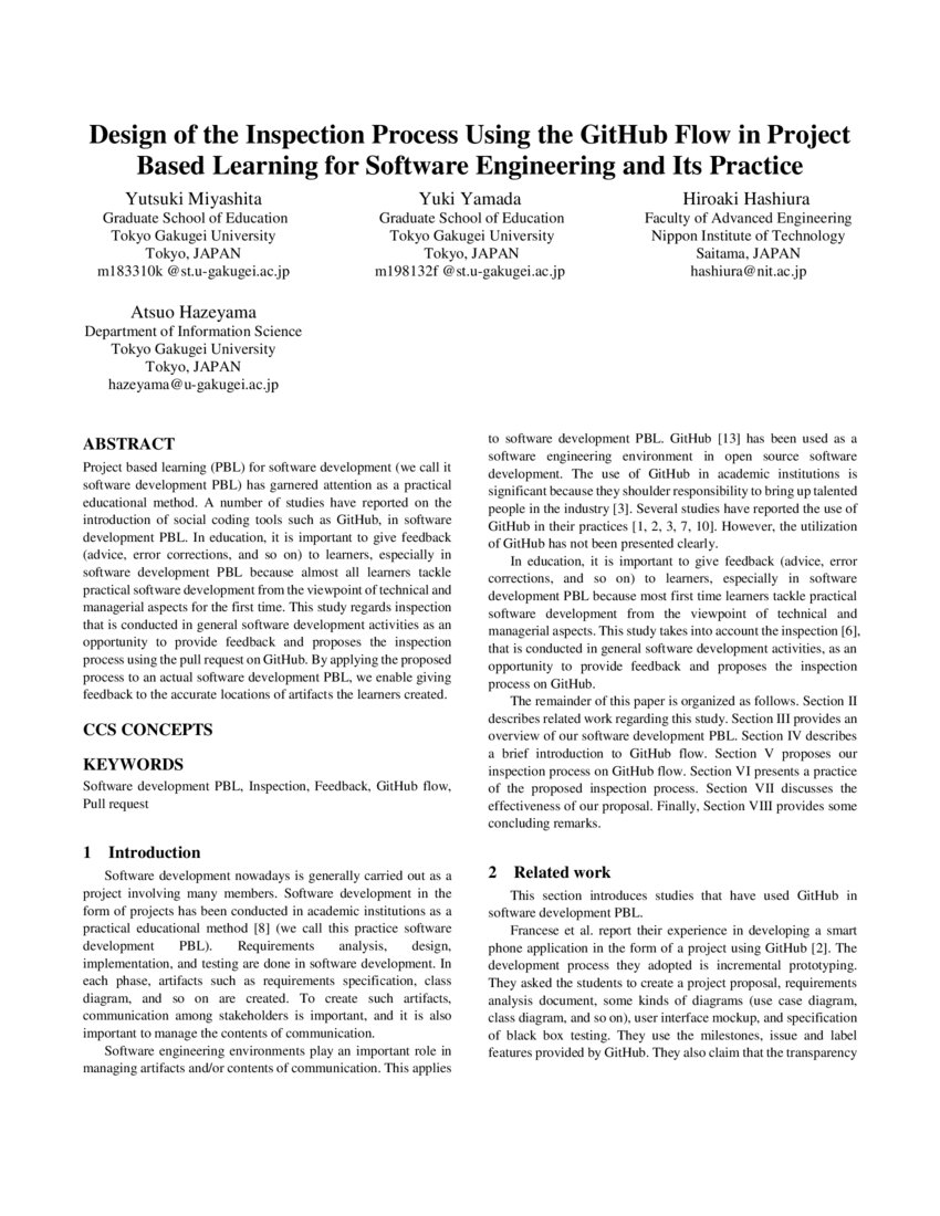 Design of the Inspection Process Using the GitHub Flow in Project Based Learning for Software ...