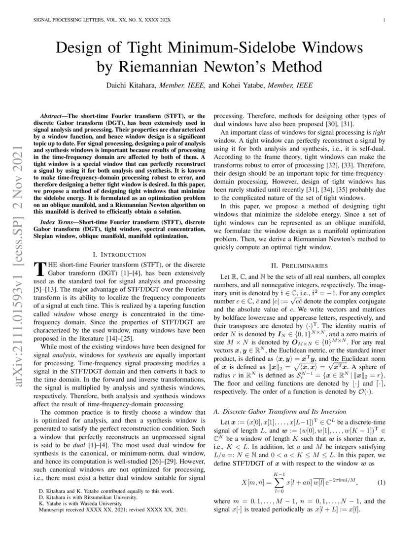 Design of Tight Minimum-Sidelobe Windows by Riemannian Newton's Method ...