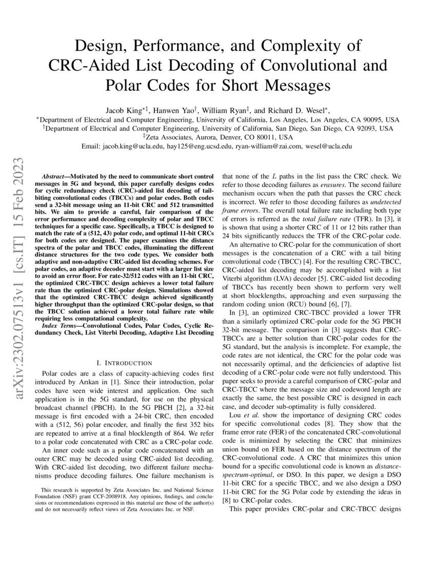 Design Performance And Complexity Of Crc Aided List Decoding Of Convolutional And Polar Codes