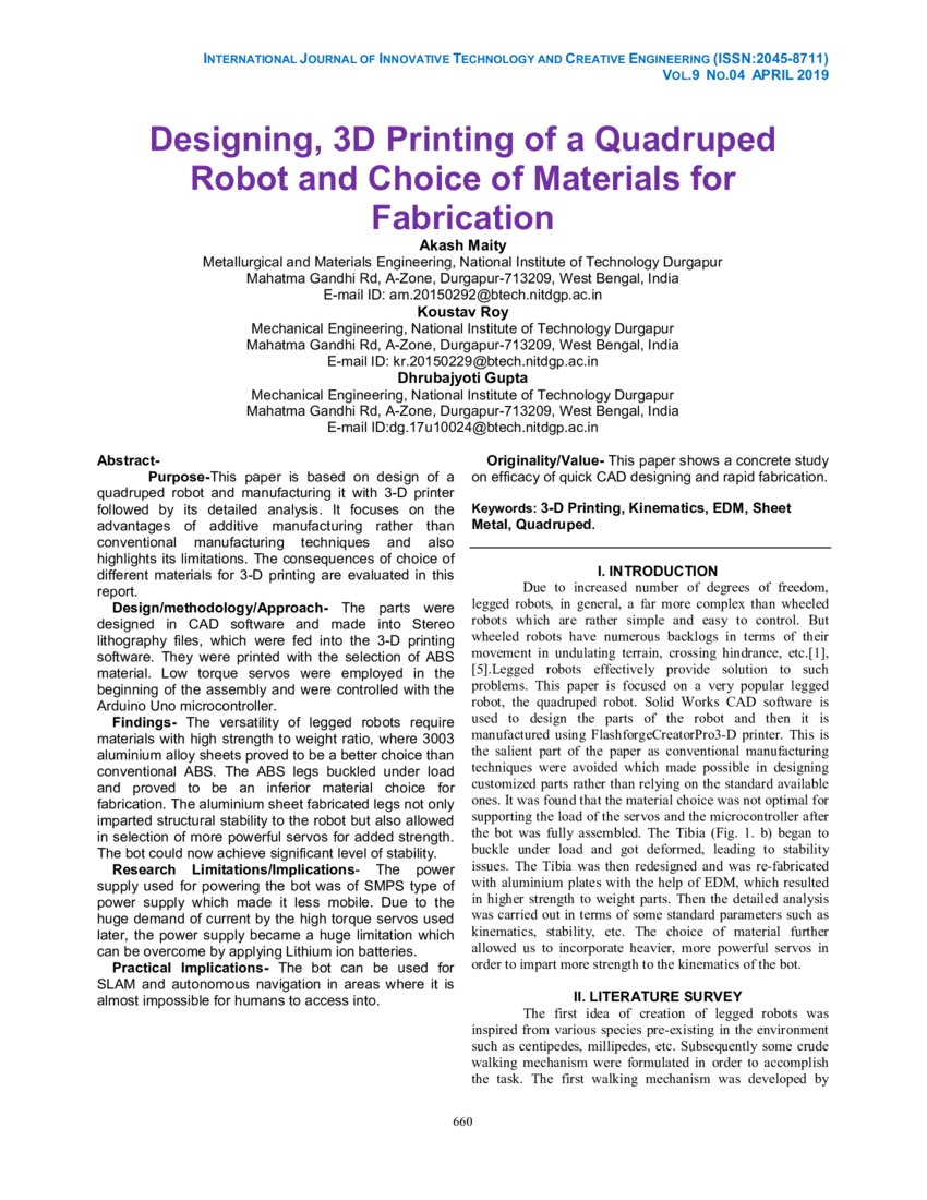 Designing, 3D Printing of a Quadruped Robot and Choice of Materials for ...