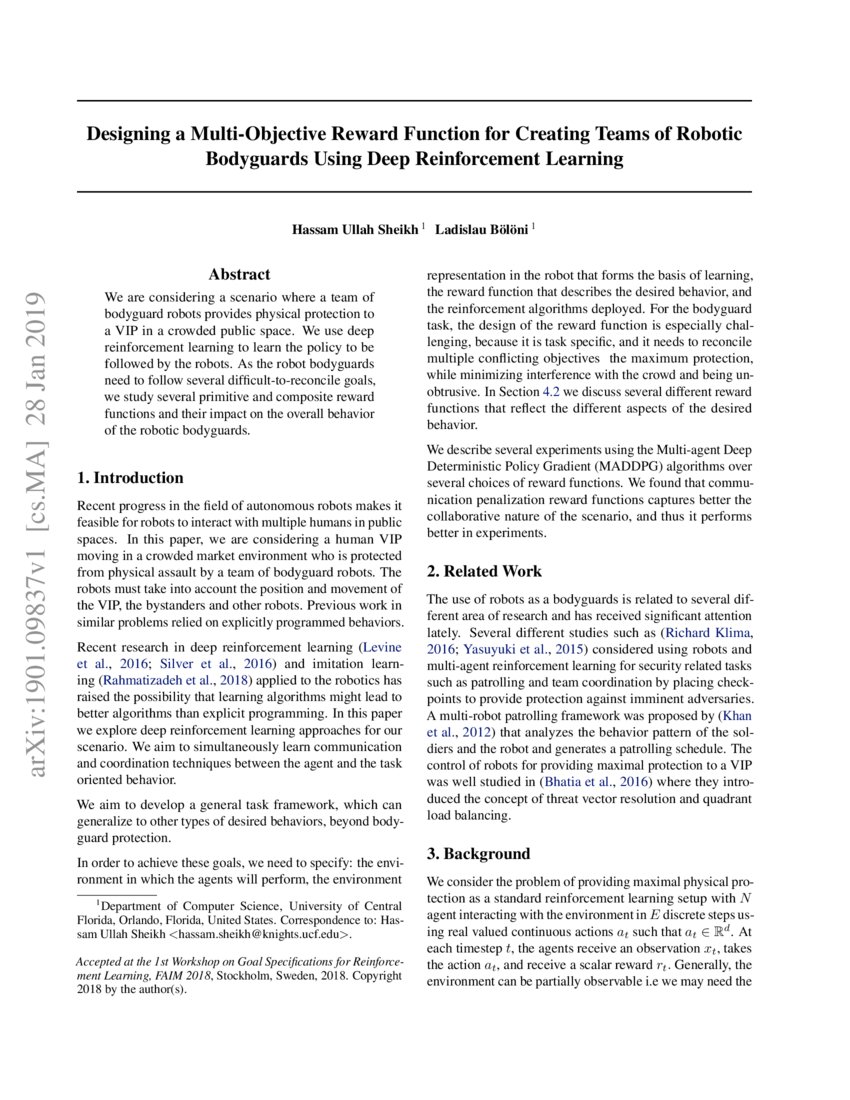 Designing a Multi-Objective Reward Function for Creating Teams of Robotic Bodyguards Using Deep ...