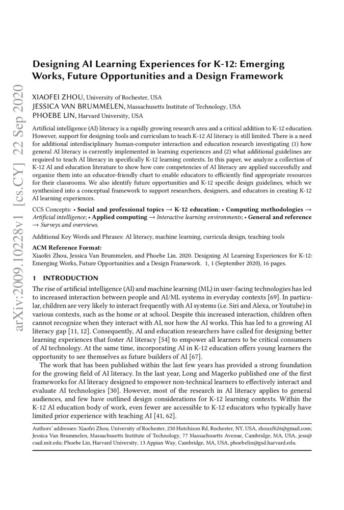 Designing AI Learning Experiences for K-12: Emerging Works, Future ...