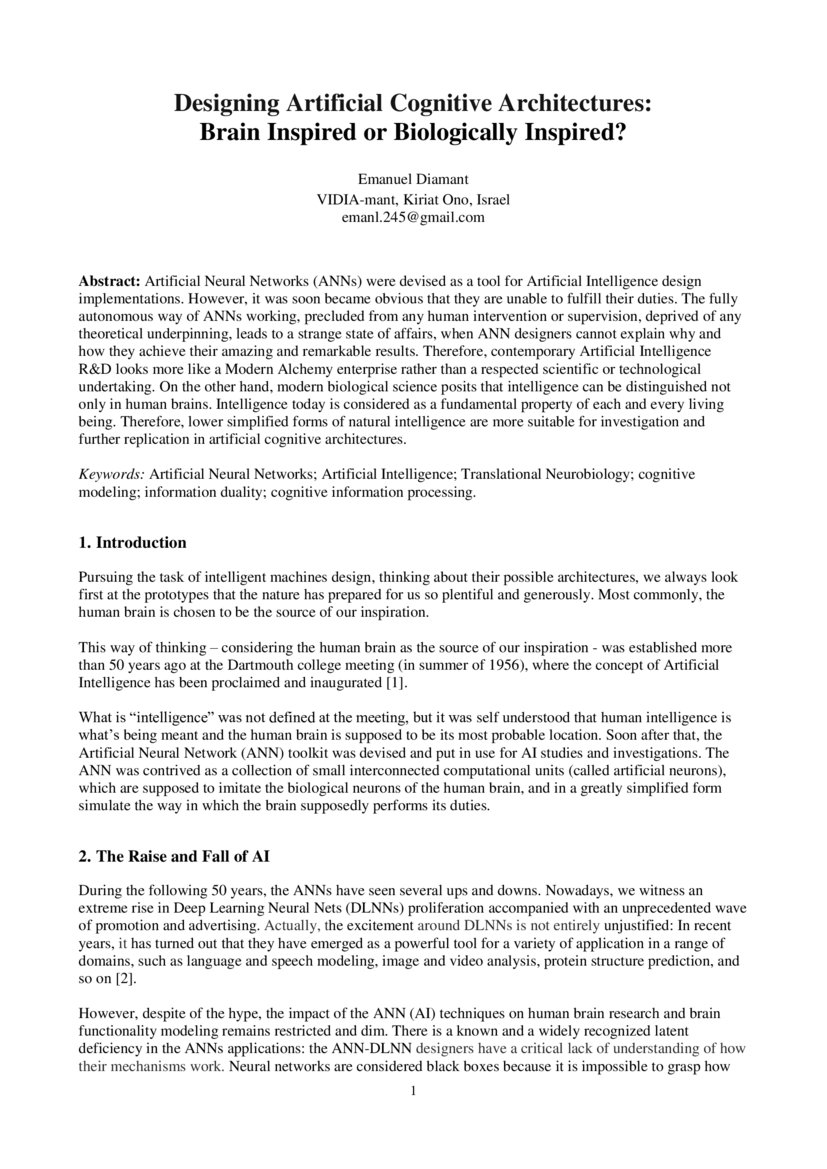 Designing Artificial Cognitive Architectures: Brain Inspired or ...