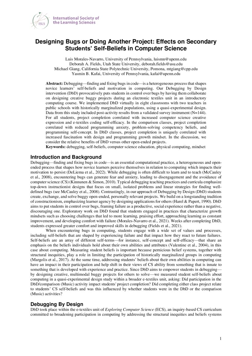 Designing Bugs or Doing Another Project: Effects on Secondary Students' Self-Beliefs in Computer ...