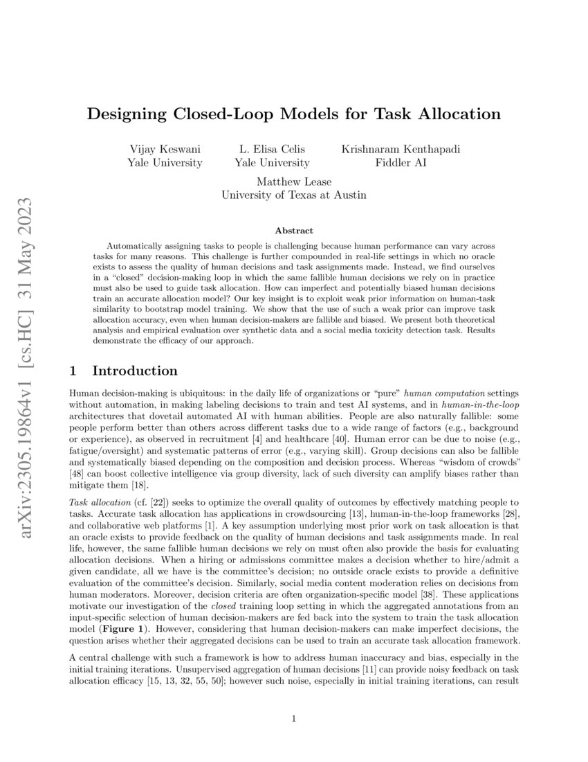 Designing Closed Loop Models For Task Allocation Deepai