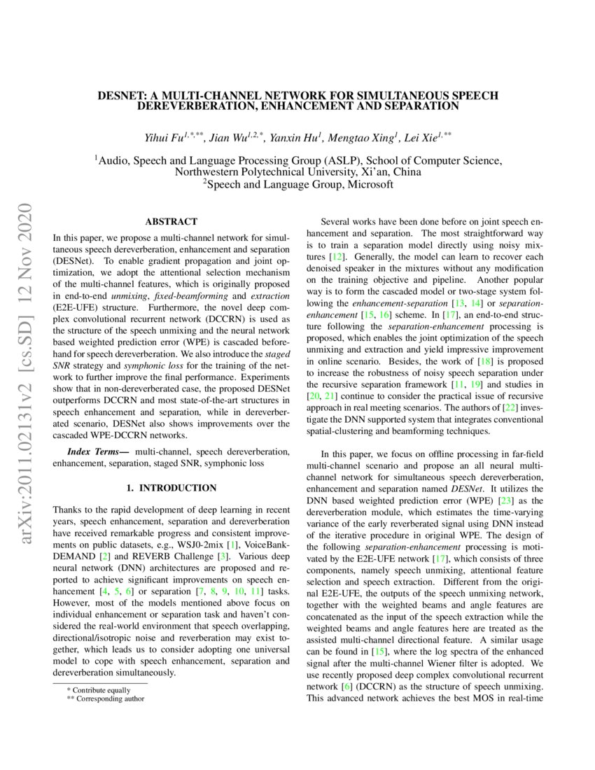 DESNet: A Multi-channel Network for Simultaneous Speech Dereverberation, Enhancement and ...