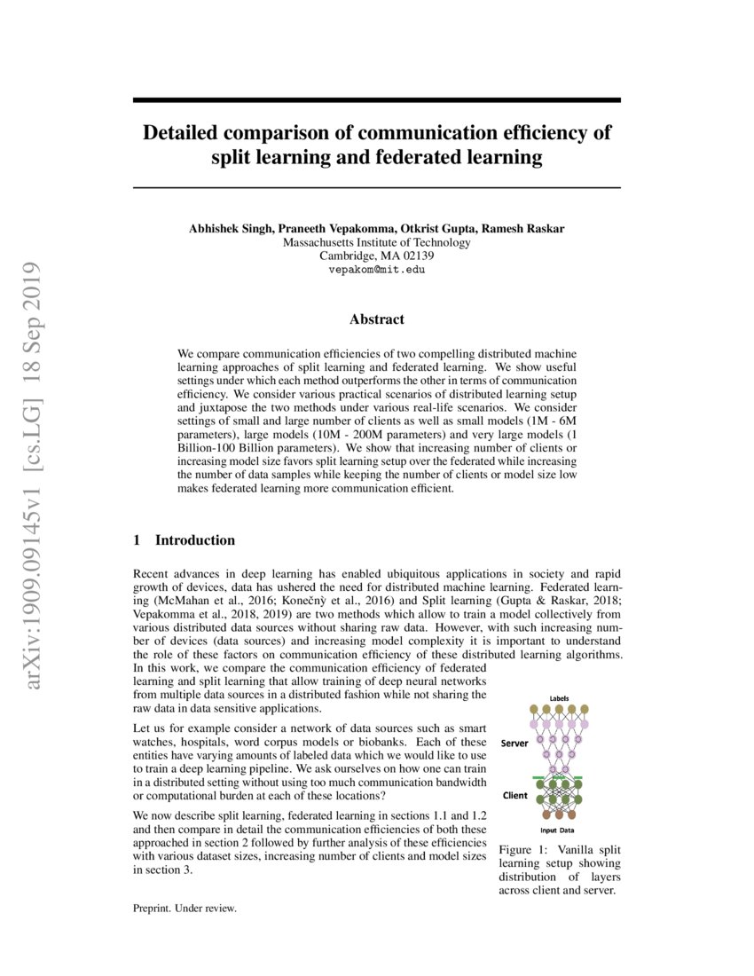 Detailed comparison of communication efficiency of split learning and federated learning | DeepAI