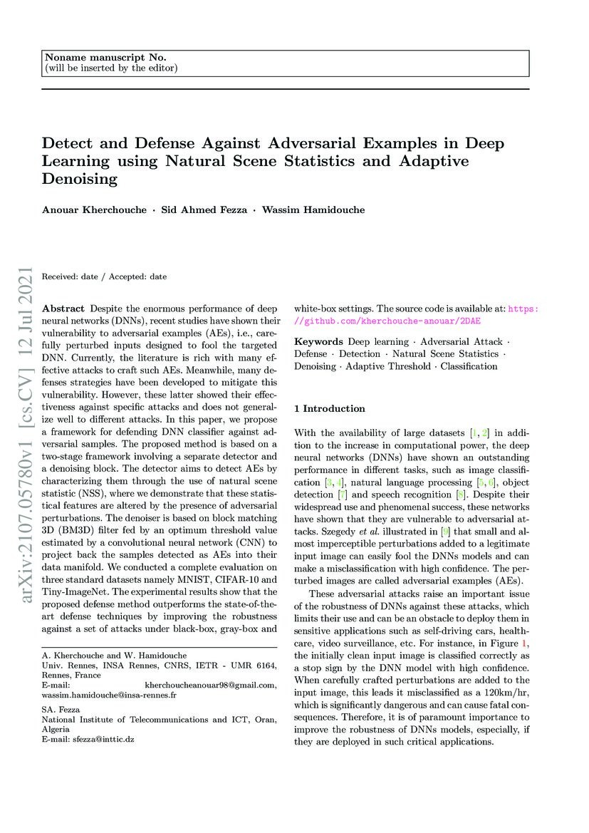 Detect And Defense Against Adversarial Examples In Deep Learning Using Natural Scene Statistics