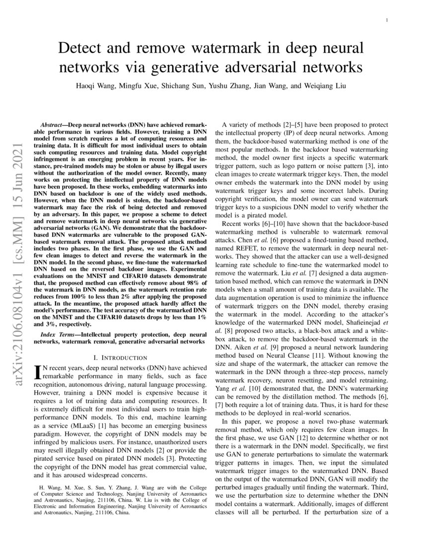 Detect and remove watermark in deep neural networks via generative ...