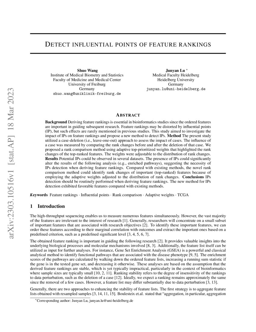 Detect influential points of feature rankings | DeepAI
