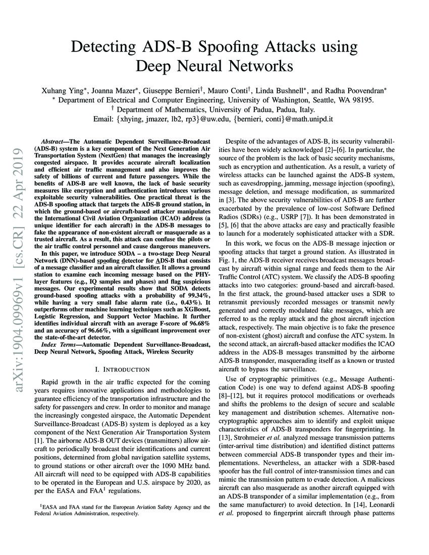 Detecting Ads B Spoofing Attacks Using Deep Neural Networks Deepai