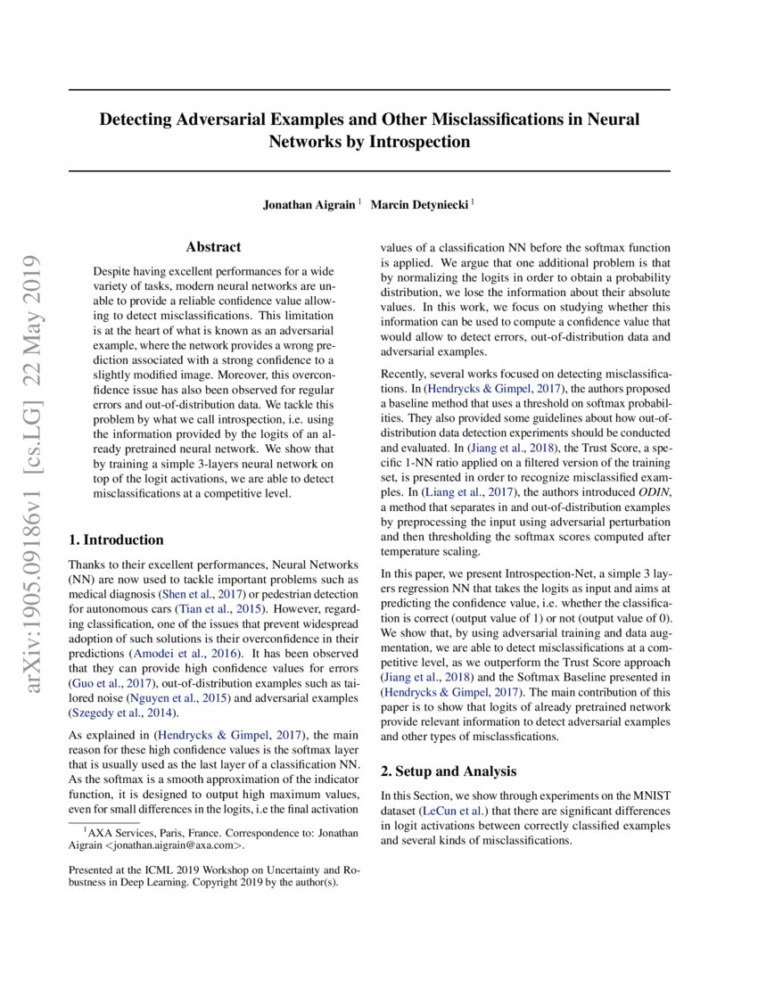 Detecting Adversarial Examples And Other Misclassifications In Neural