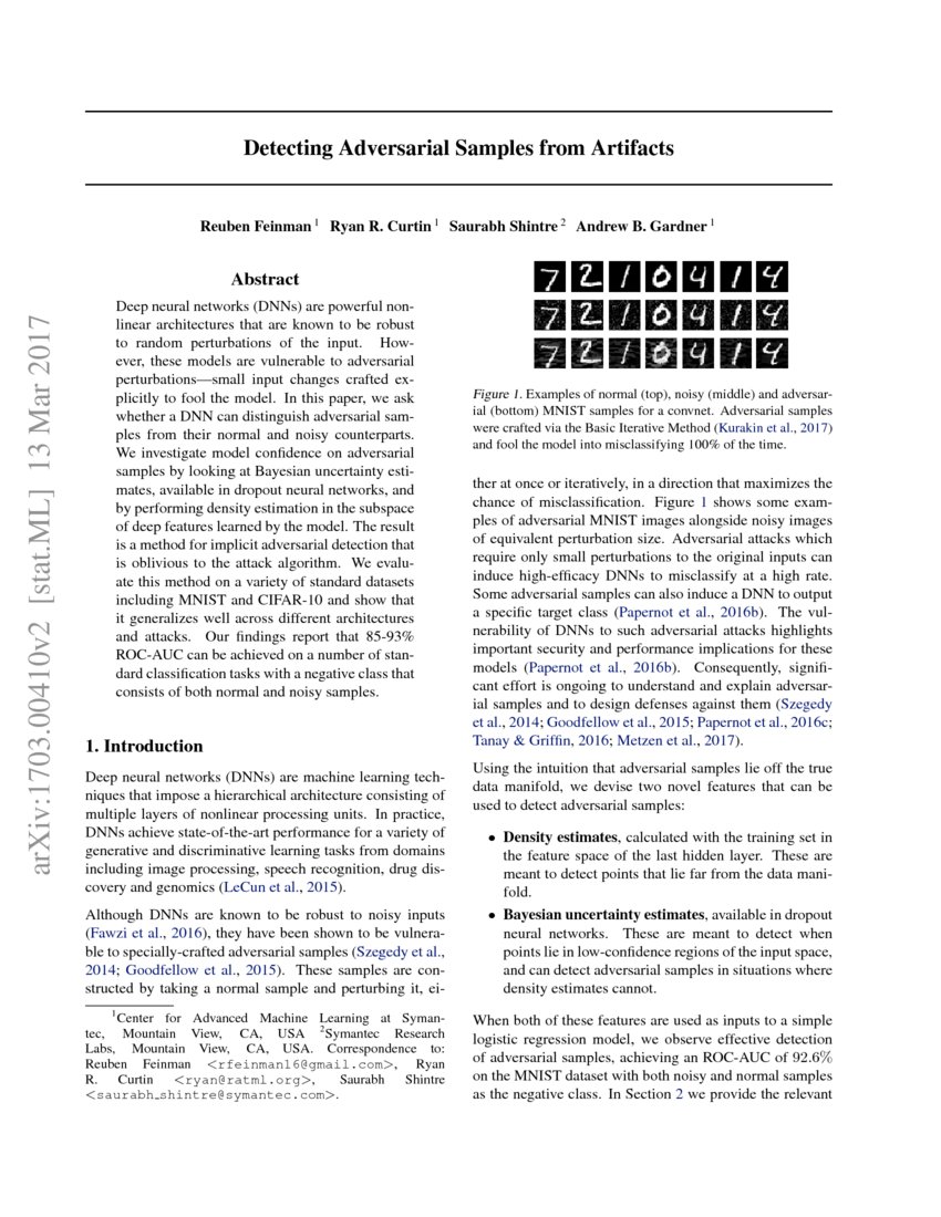 Detecting Adversarial Samples from Artifacts | DeepAI