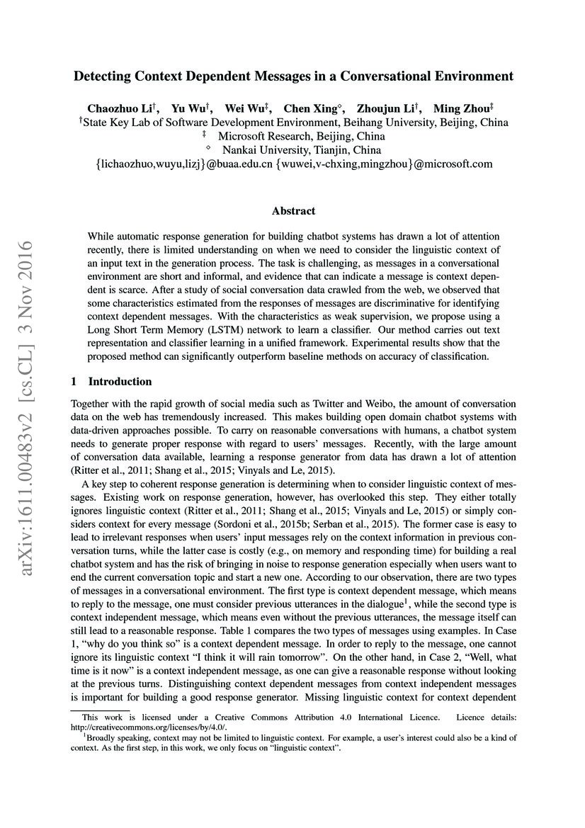 Detecting Context Dependent Messages In A Conversational Environment Deepai