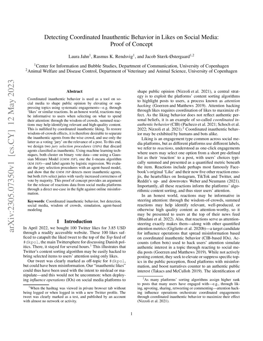 Detecting Coordinated Inauthentic Behavior in Likes on Social Media: Proof of Concept | DeepAI