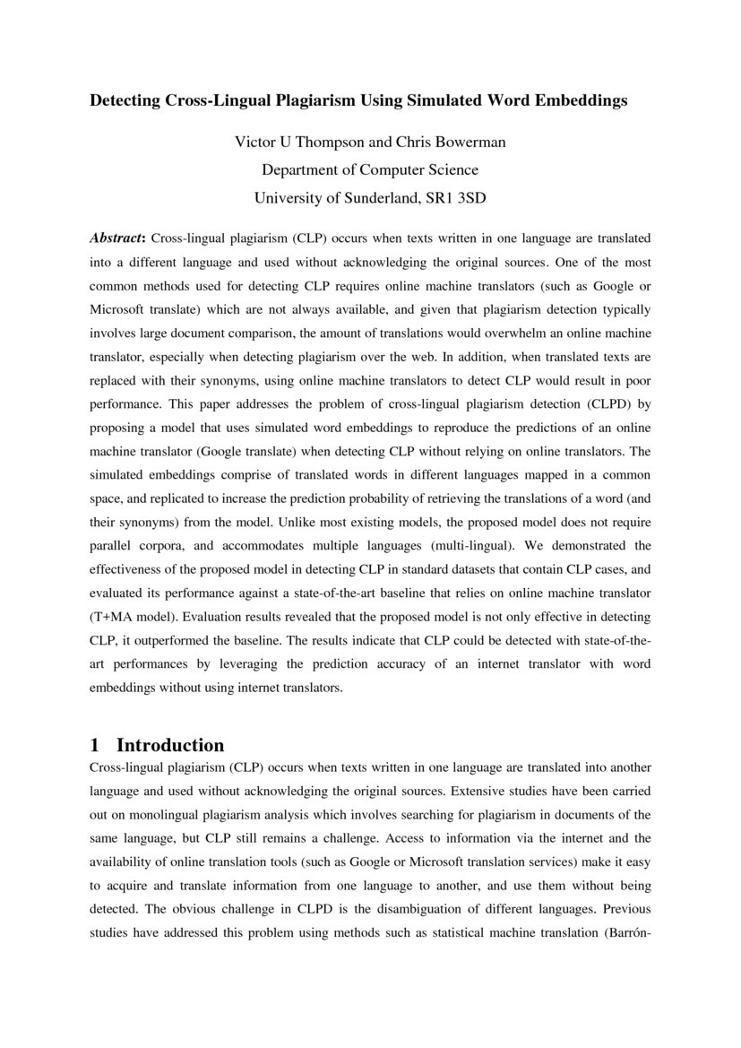 Detecting Cross-Lingual Plagiarism Using Simulated Word Embeddings | DeepAI