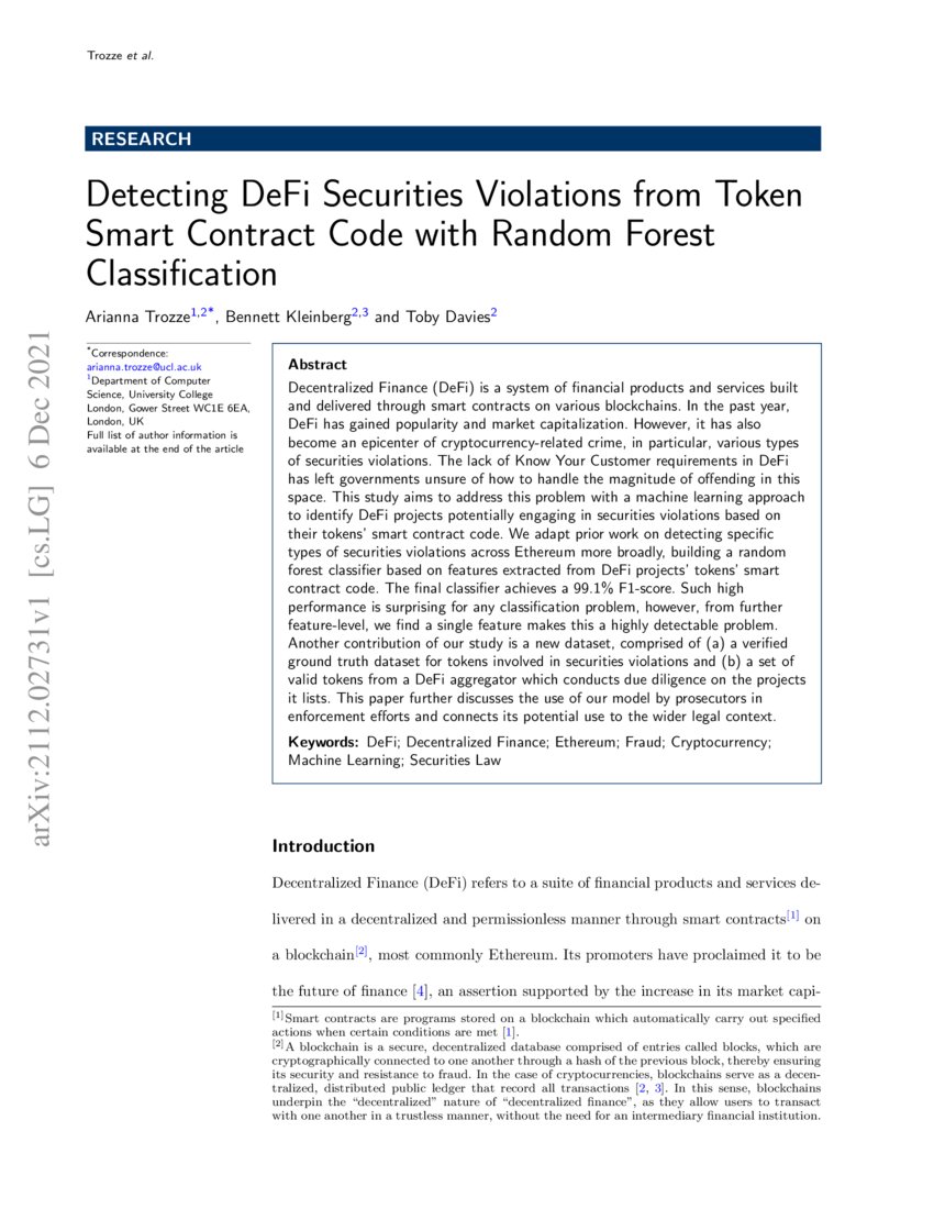 Detecting DeFi Securities Violations from Token Smart Contract Code with Random Forest ...