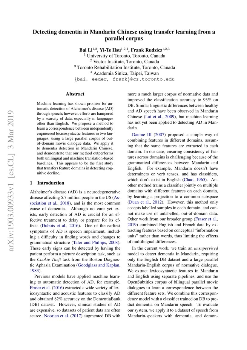 Detecting dementia in Mandarin Chinese using transfer learning from a ...