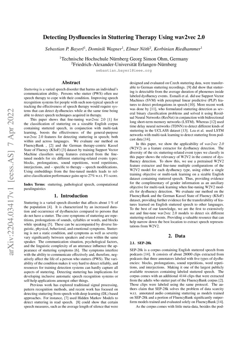 Detecting Dysfluencies in Stuttering Therapy Using wav2vec 2.0 | DeepAI