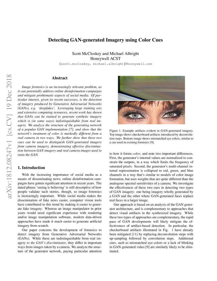 Detecting GAN-generated Imagery using Color Cues | DeepAI