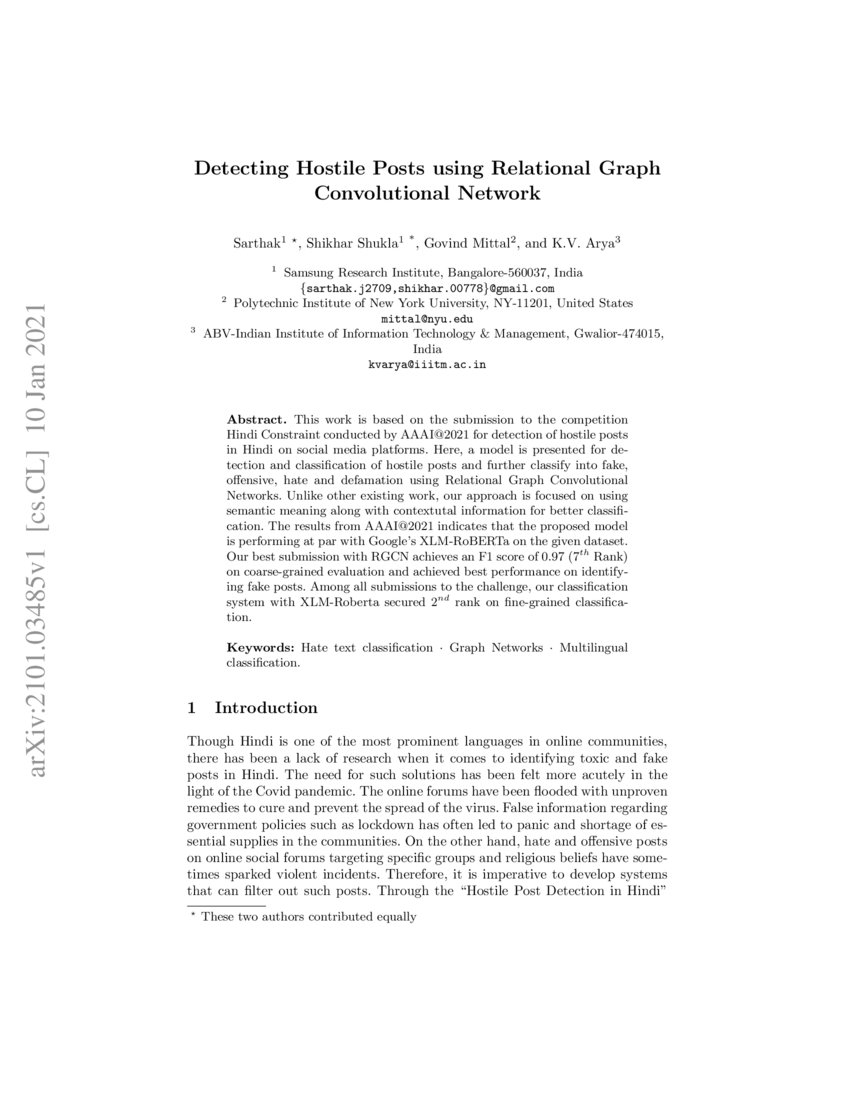Detecting Hostile Posts Using Relational Graph Convolutional Network Deepai