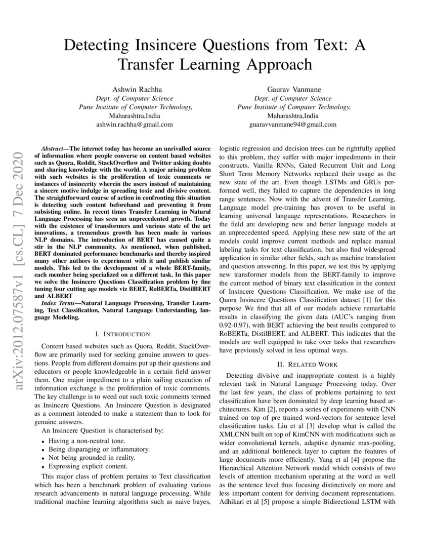 Detecting Insincere Questions from Text: A Transfer Learning Approach ...