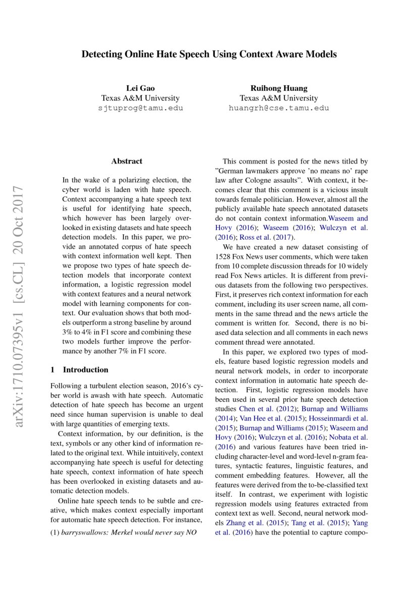 Detecting Online Hate Speech Using Context Aware Models | DeepAI