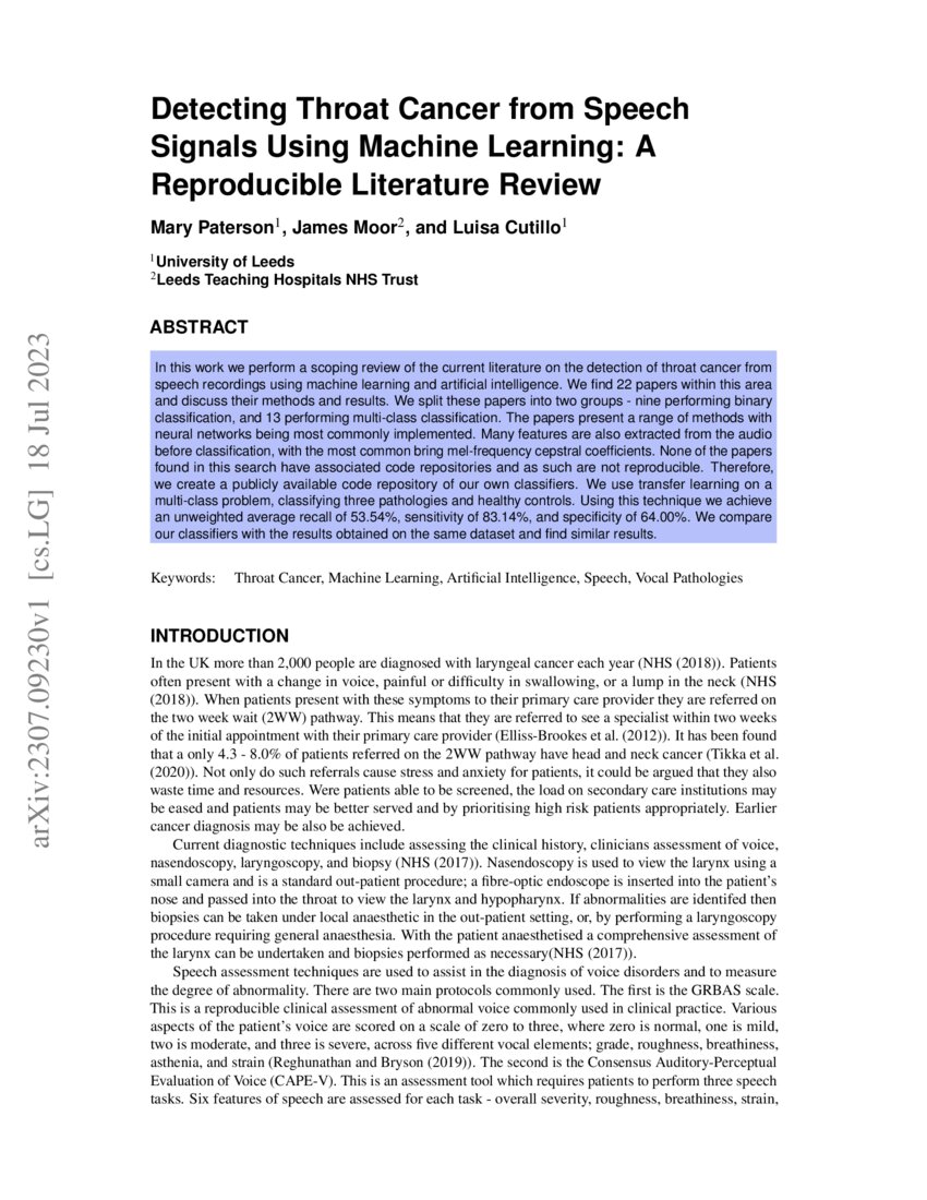 Detecting Throat Cancer from Speech Signals Using Machine Learning: A Reproducible Literature ...