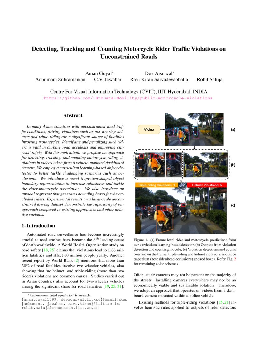 Detecting, Tracking and Counting Motorcycle Rider Traffic Violations on Unconstrained Roads | DeepAI
