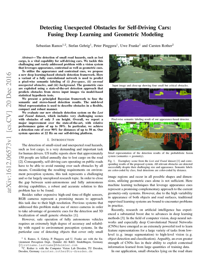 Detecting Unexpected Obstacles For Self Driving Cars Fusing Deep Learning And Geometric