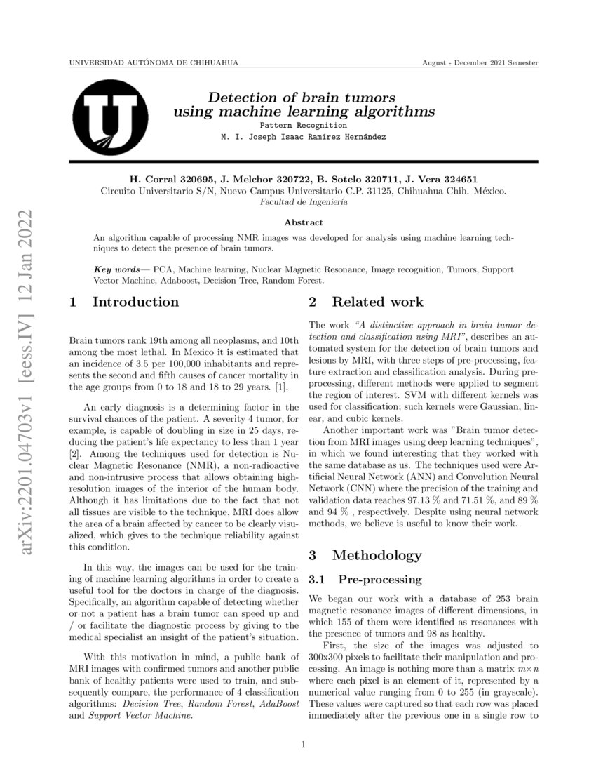 Detection Of Brain Tumors Using Machine Learning Algorithms Deepai