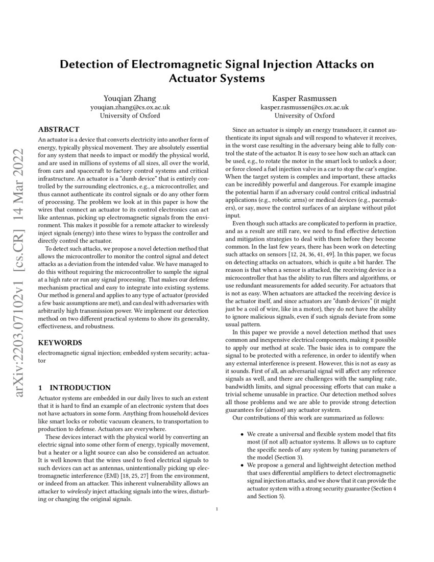 Detection Of Electromagnetic Signal Injection Attacks On Actuator