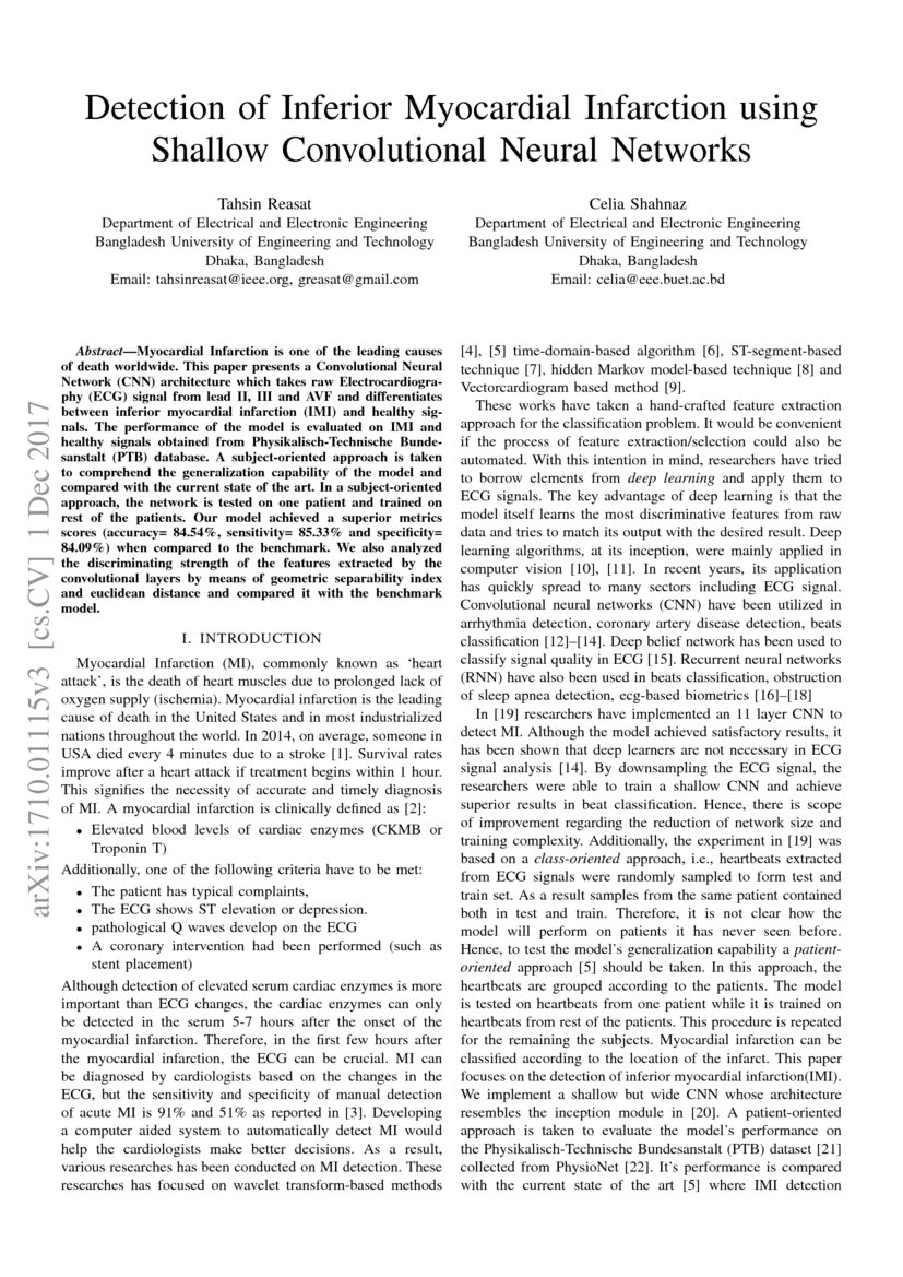 Detection Of Inferior Myocardial Infarction Using Shallow Convolutional Neural Networks Deepai