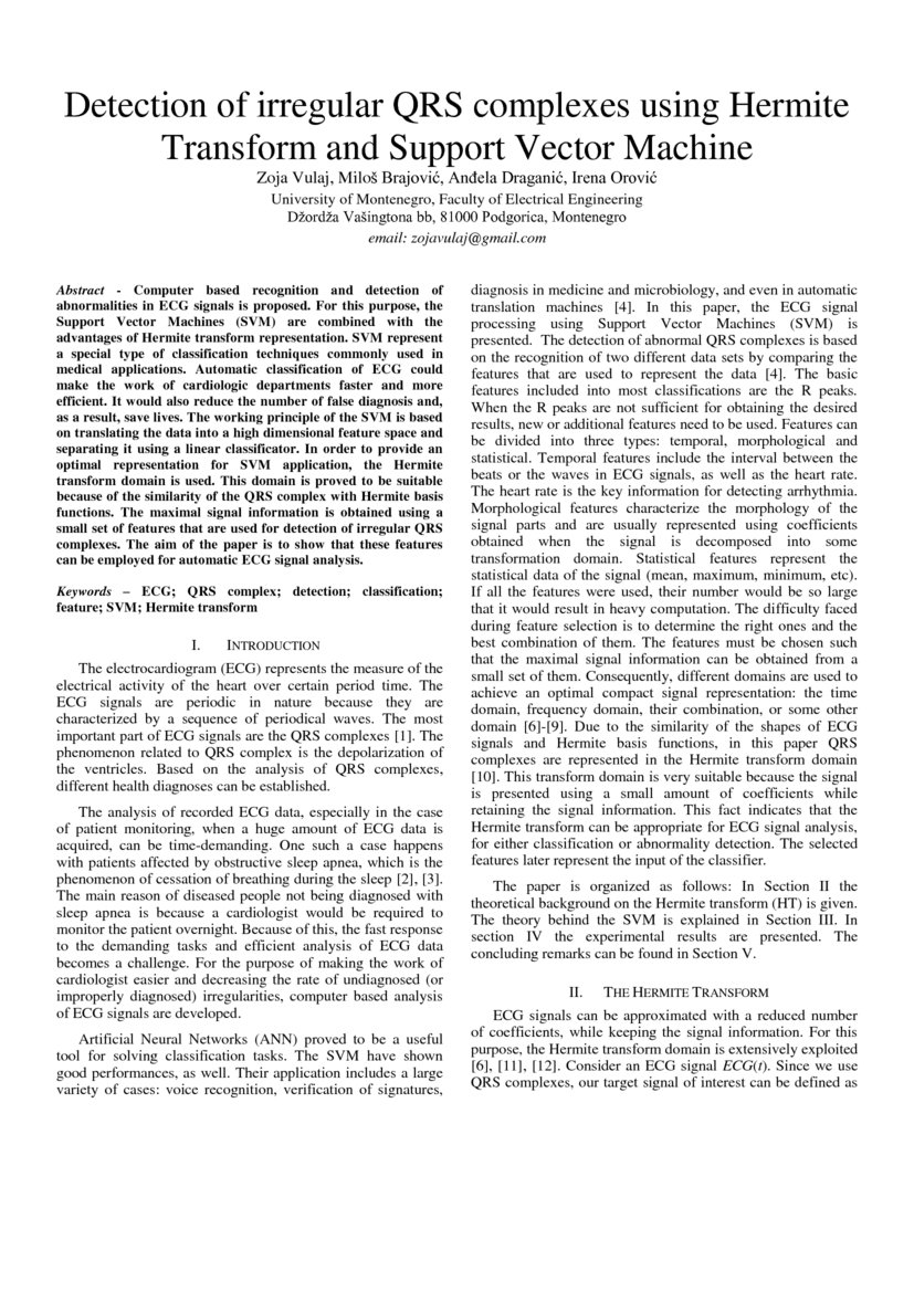 Detection Of Irregular Qrs Complexes Using Hermite Transform And Support Vector Machine Deepai