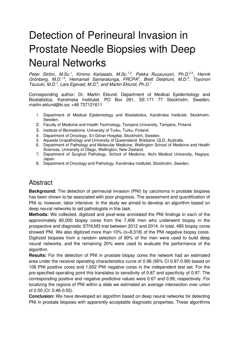 Detection of Perineural Invasion in Prostate Needle Biopsies with Deep ...