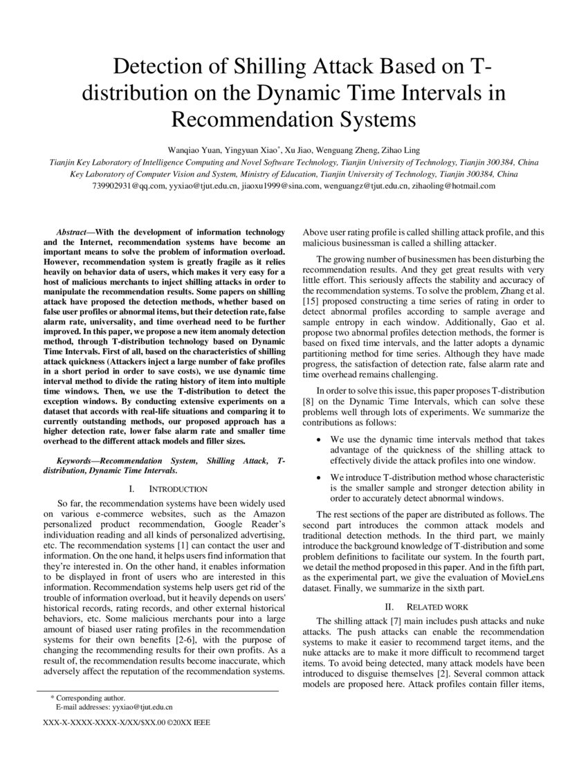 Detection of Shilling Attack Based on T-distribution on the Dynamic Time Intervals in ...