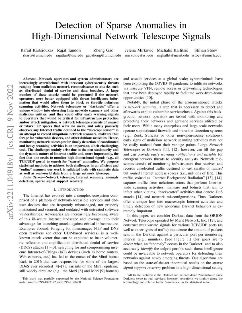 Detection of Sparse Anomalies in High-Dimensional Network Telescope Signals | DeepAI