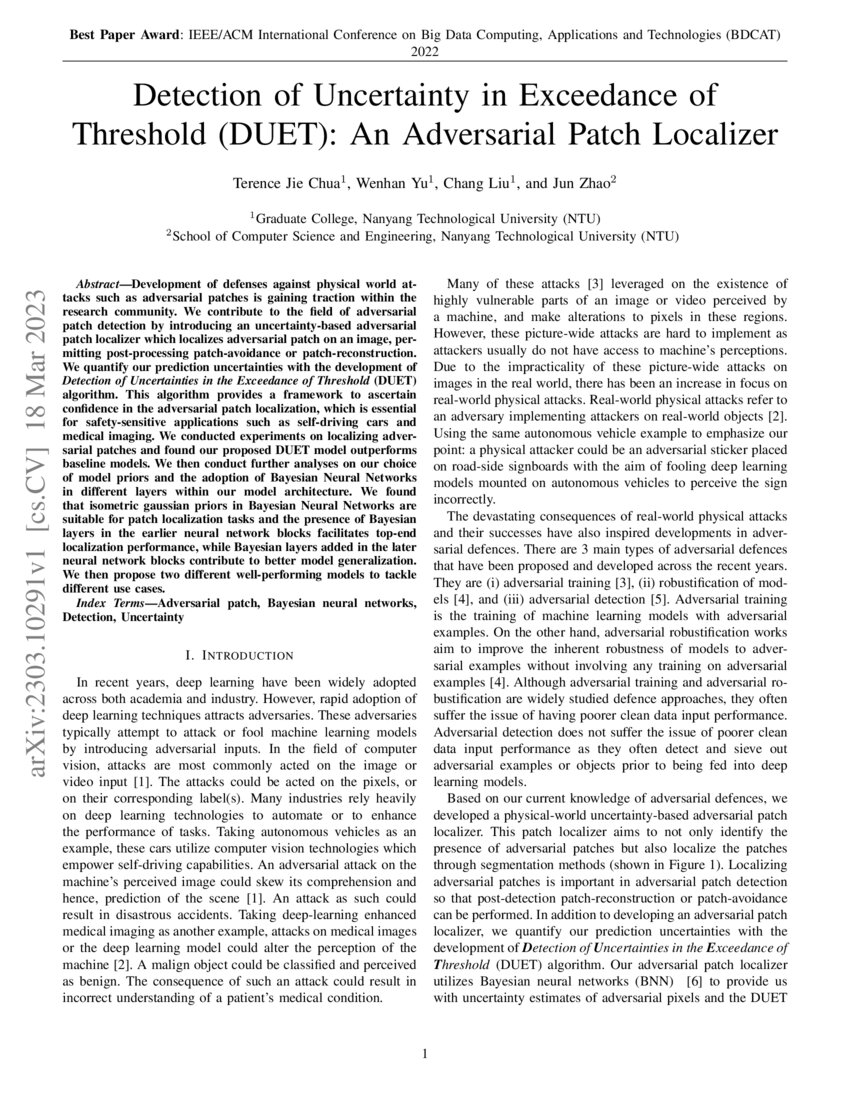 Detection of Uncertainty in Exceedance of Threshold (DUET): An Adversarial Patch Localizer | DeepAI