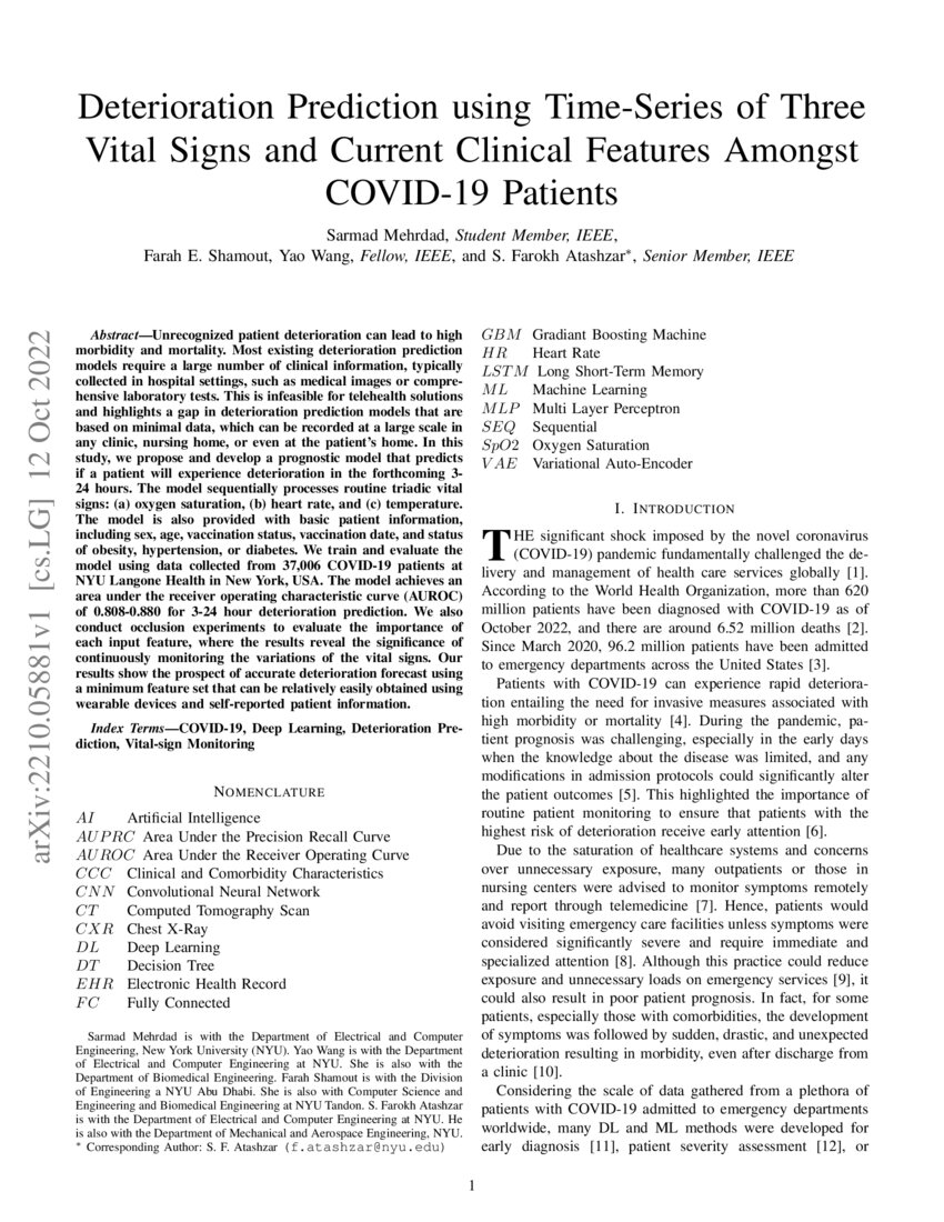 Deterioration Prediction Using Time Series Of Three Vital Signs And