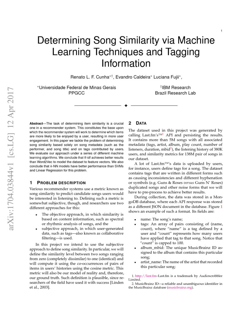 Determining Song Similarity Via Machine Learning Techniques And Tagging Information Deepai