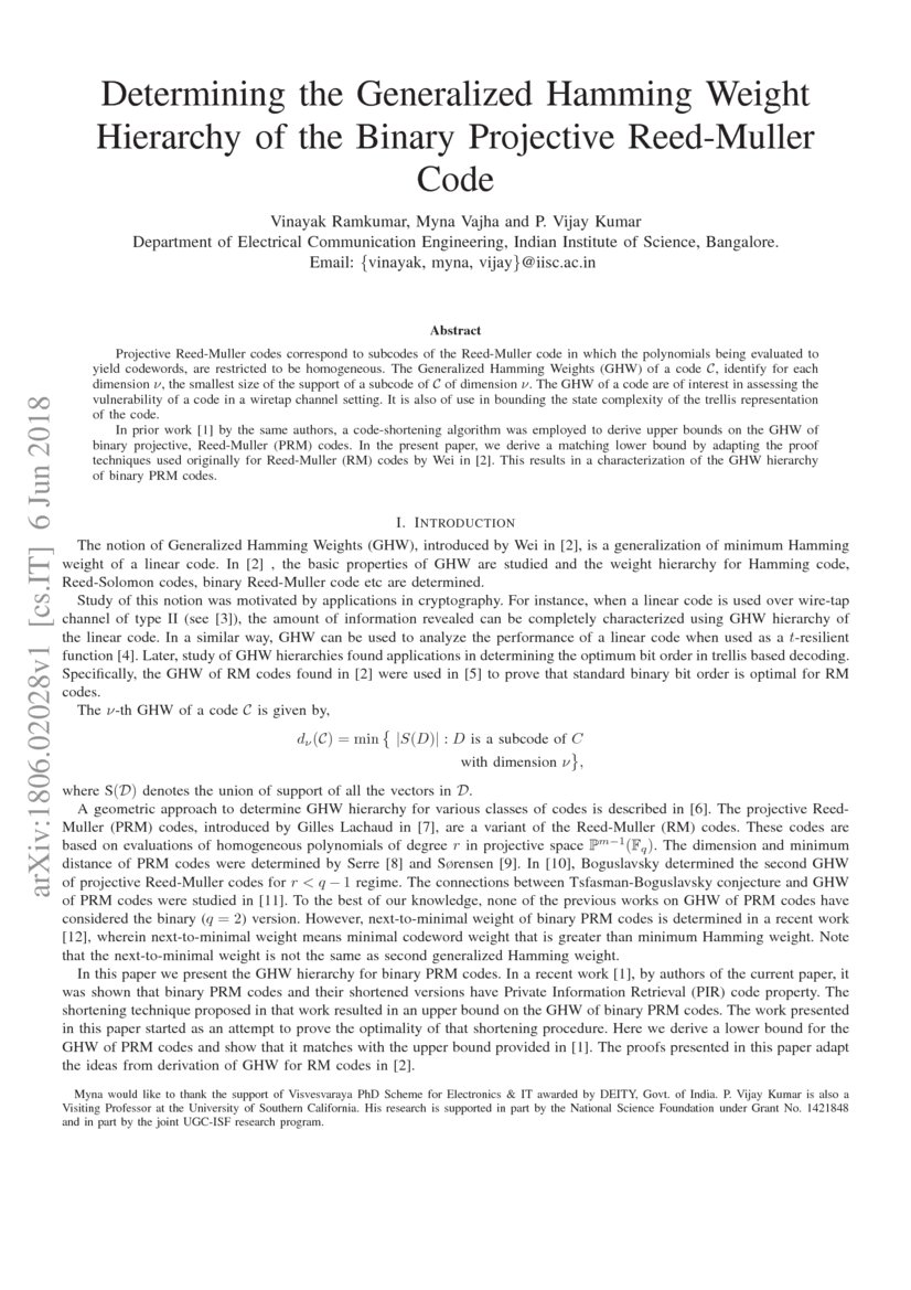 Determining the Generalized Hamming Weight Hierarchy of the Binary Projective Reed-Muller Code ...