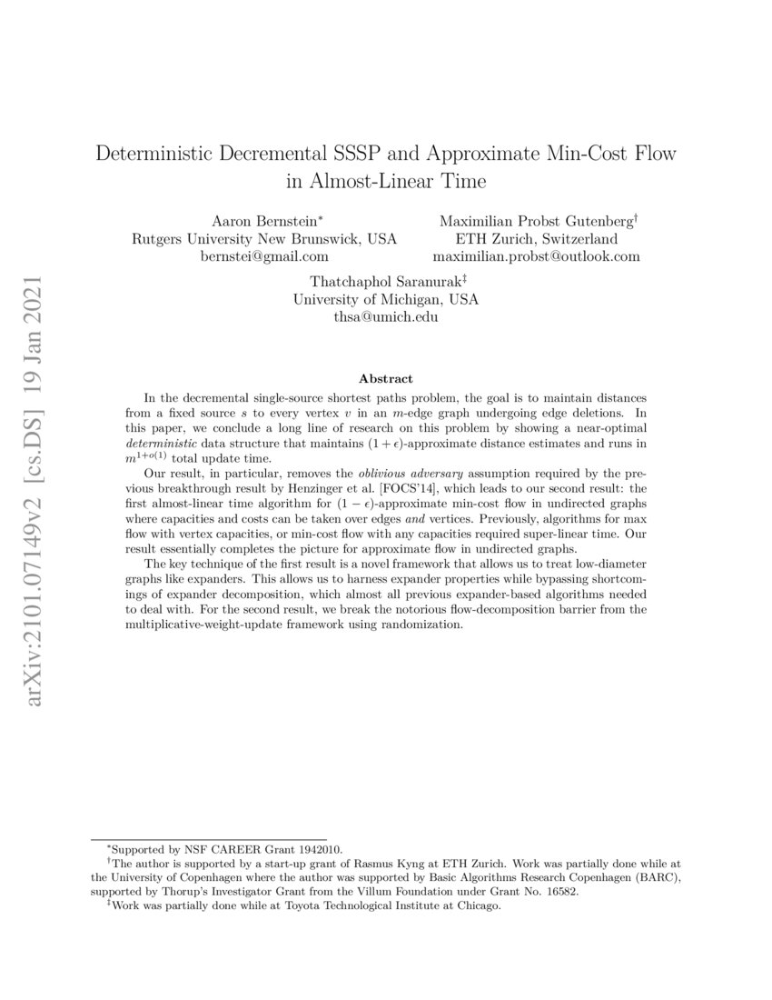 Deterministic Decremental Sssp And Approximate Min Cost Flow In Almost Linear Time Deepai
