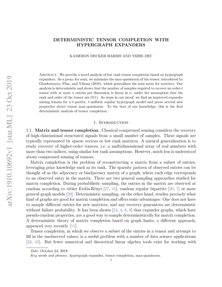 Deterministic tensor completion with hypergraph expanders | DeepAI