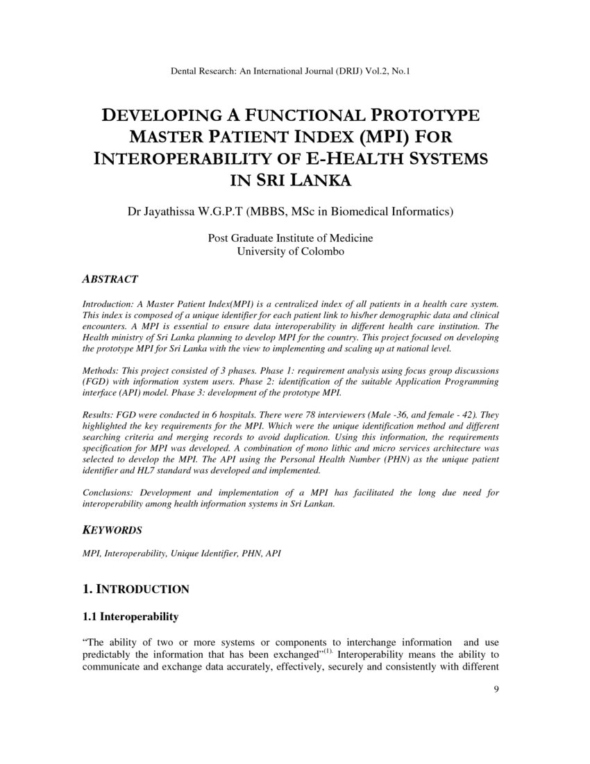 Developing a functional prototype master patient index (MPI) for ...
