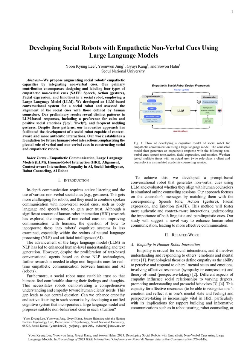 Developing Social Robots With Empathetic Non Verbal Cues Using Large