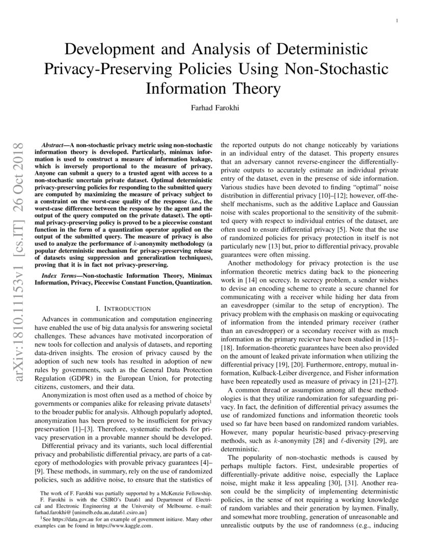 Development And Analysis Of Deterministic Privacy Preserving Policies