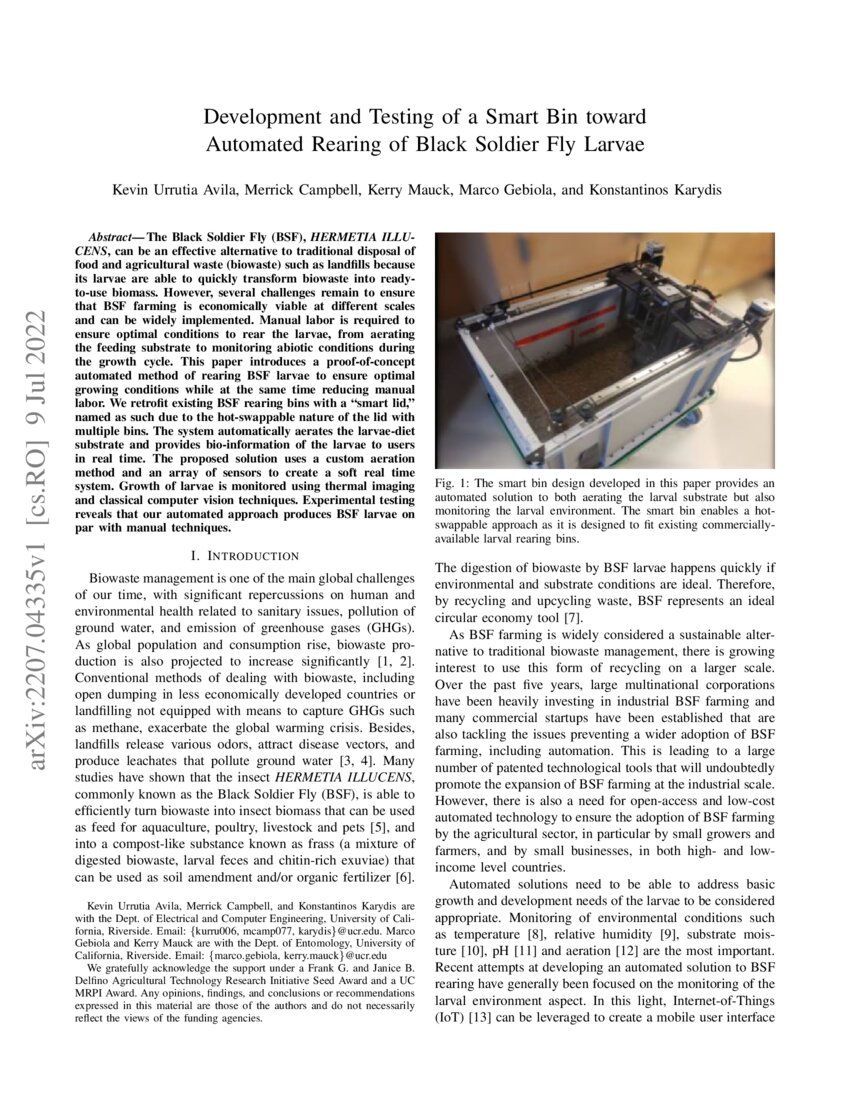 Development and Testing of a Smart Bin toward Automated Rearing of ...