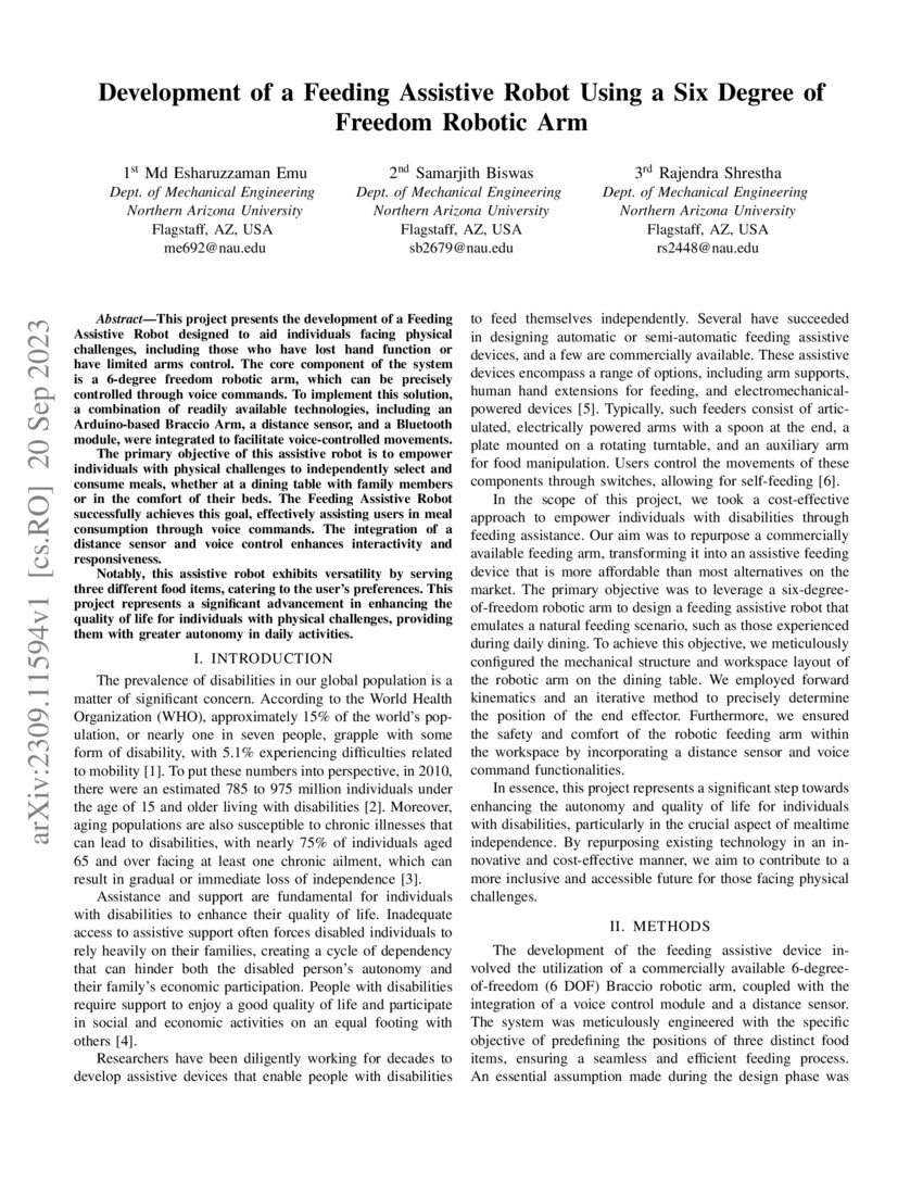 Development Of A Feeding Assistive Robot Using A Six Degree Of Freedom Robotic Arm Deepai