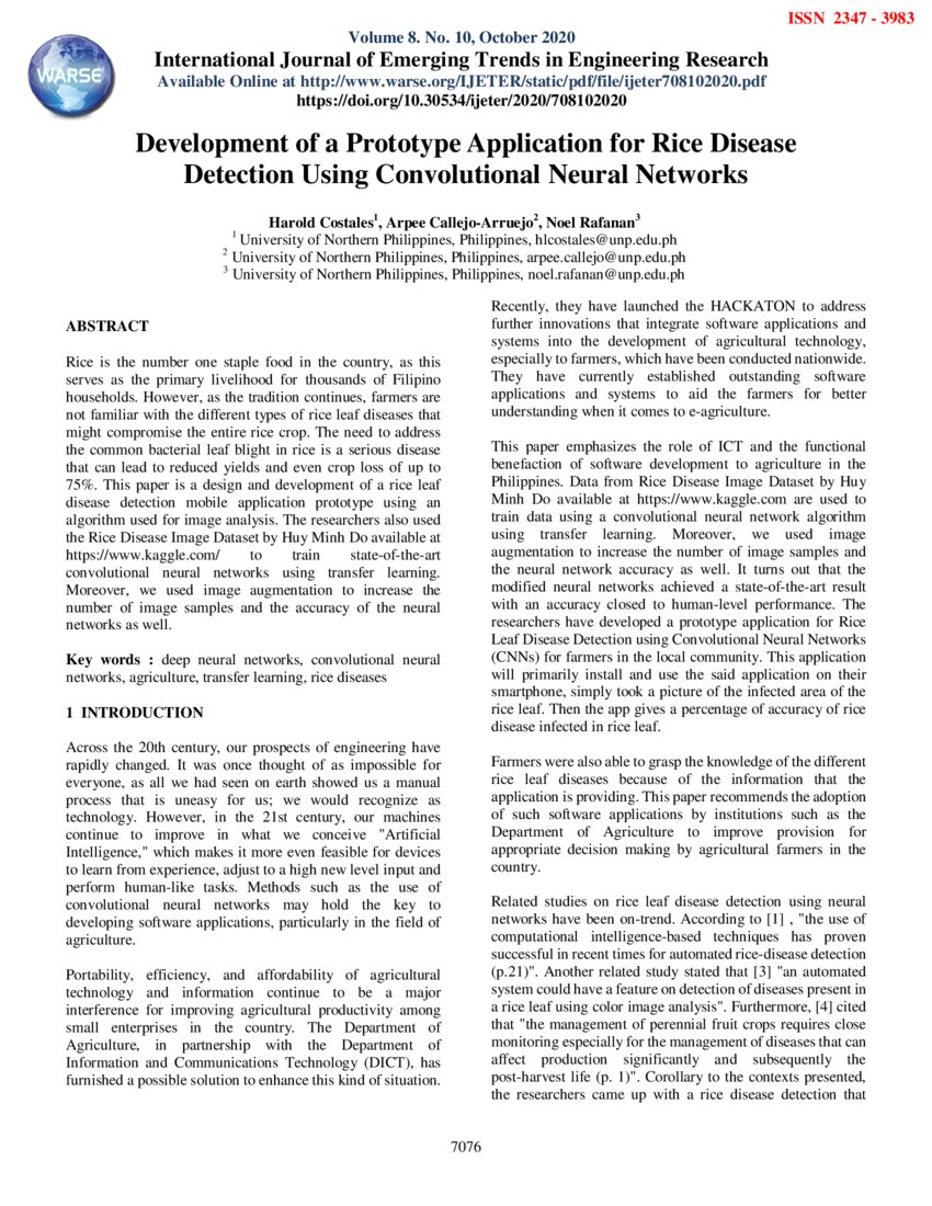 Development Of A Prototype Application For Rice Disease Detection Using Convolutional Neural